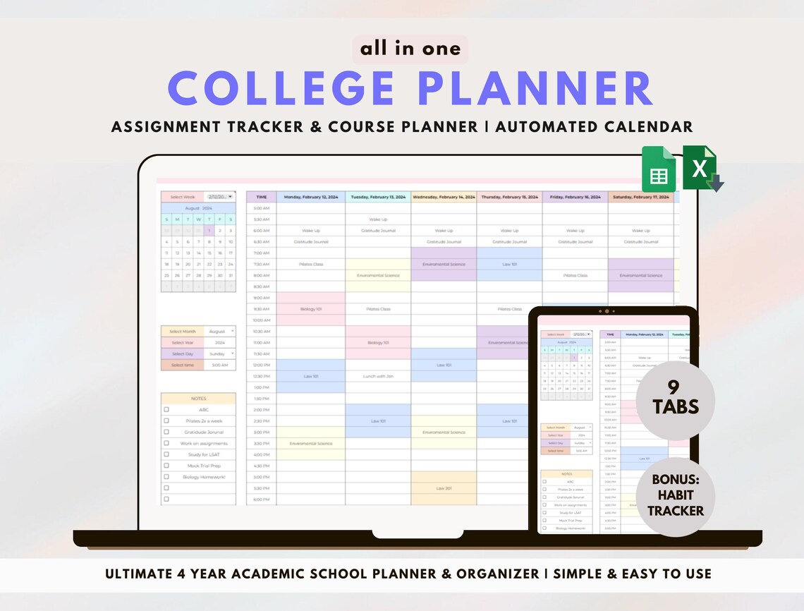 Assignment Tracker Weekly Academic Planner Google Excel Spreadsheet ...