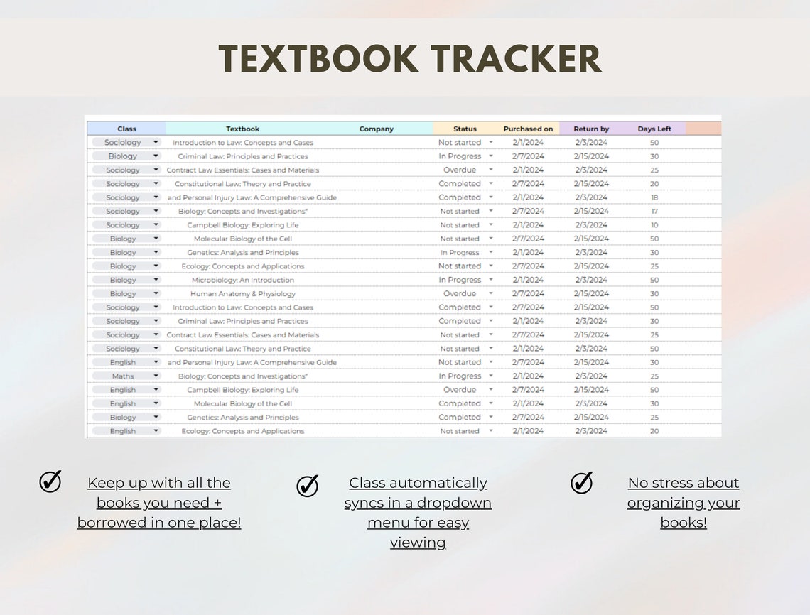 Assignment Tracker Weekly Academic Planner Google Excel Spreadsheet ...