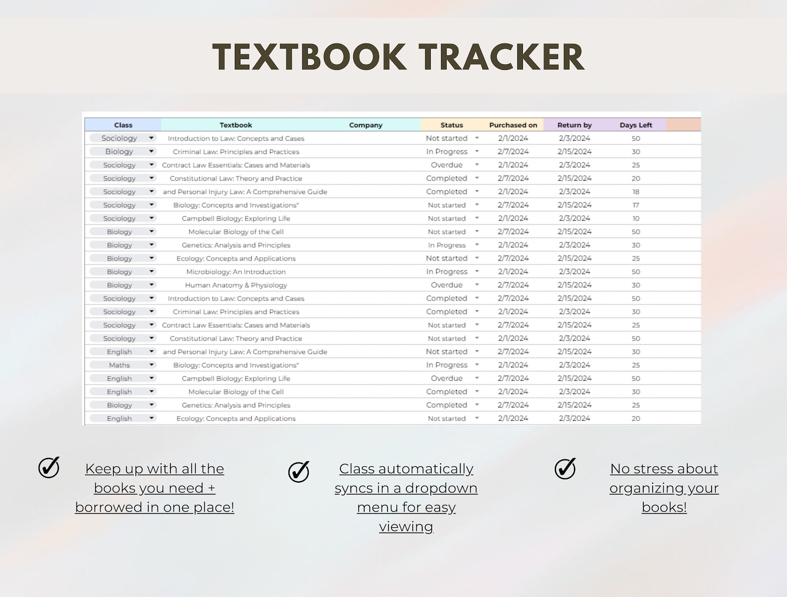 Assignment Tracker Student Homework Planner Google Sheets Excel 2024 ...