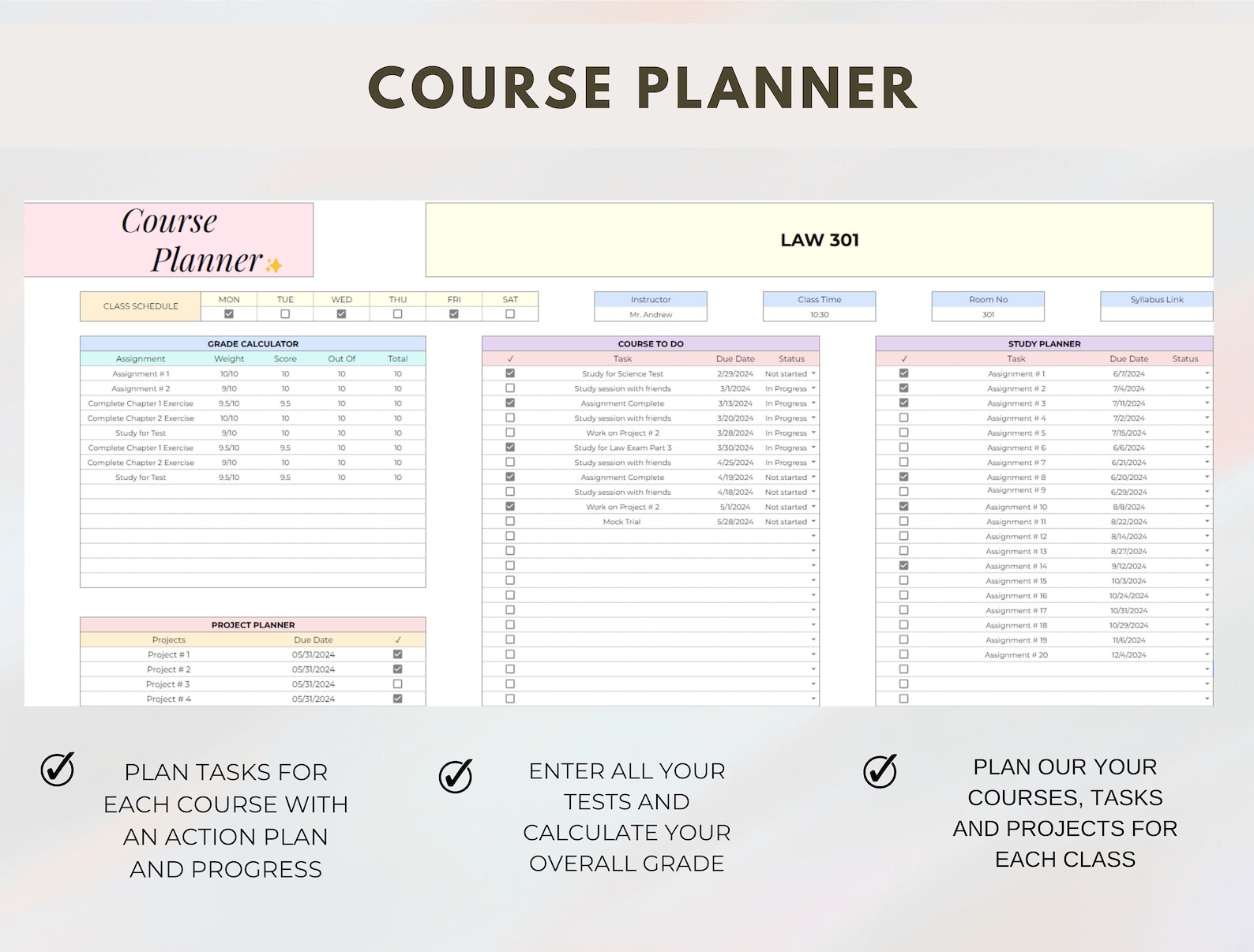 Assignment Tracker Student Homework Planner Google Sheets Excel 2024 ...