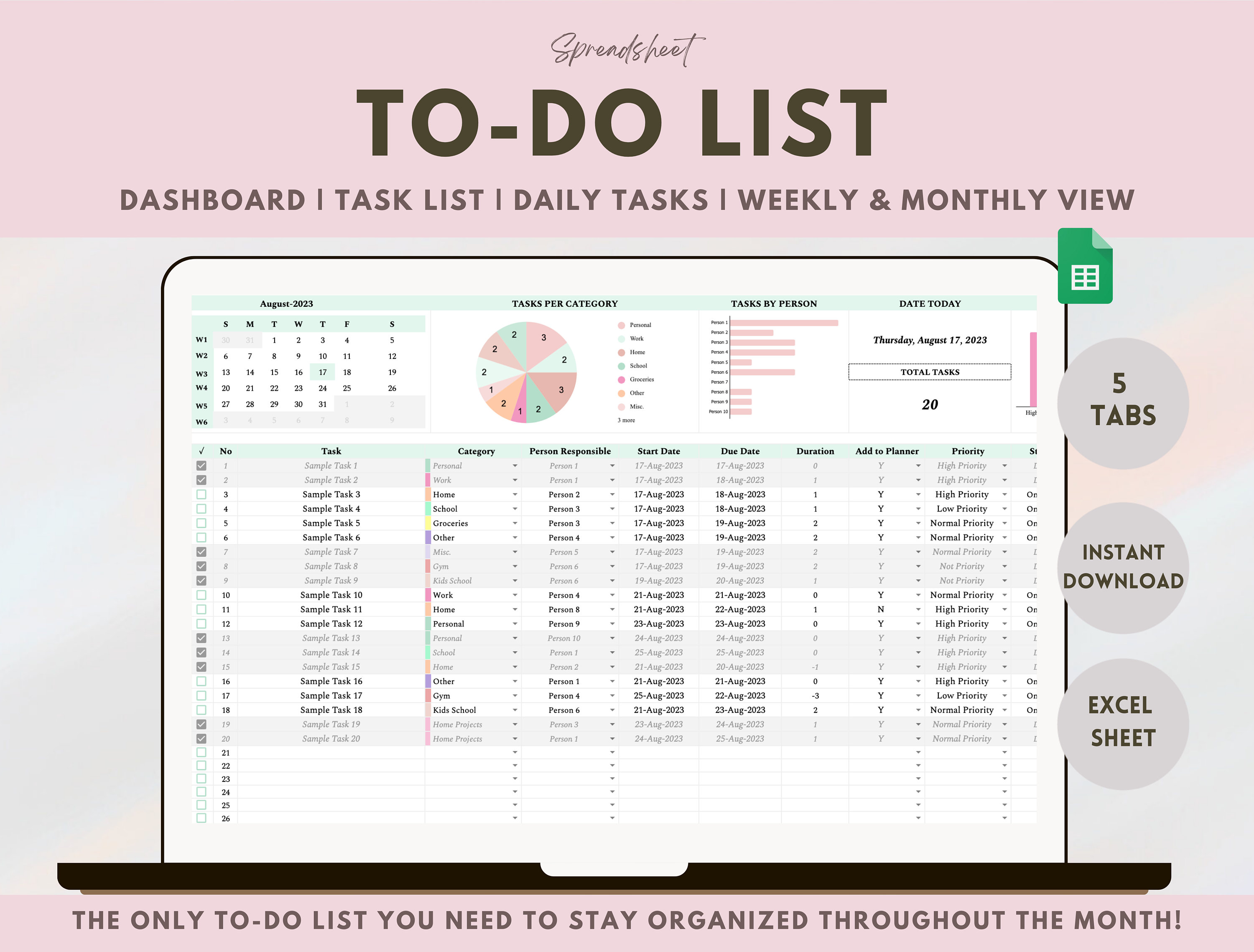 To Do List Excel Spreadsheet Task Tracker Google Sheet Task Planner Spreadsheet Daily Weekly ...