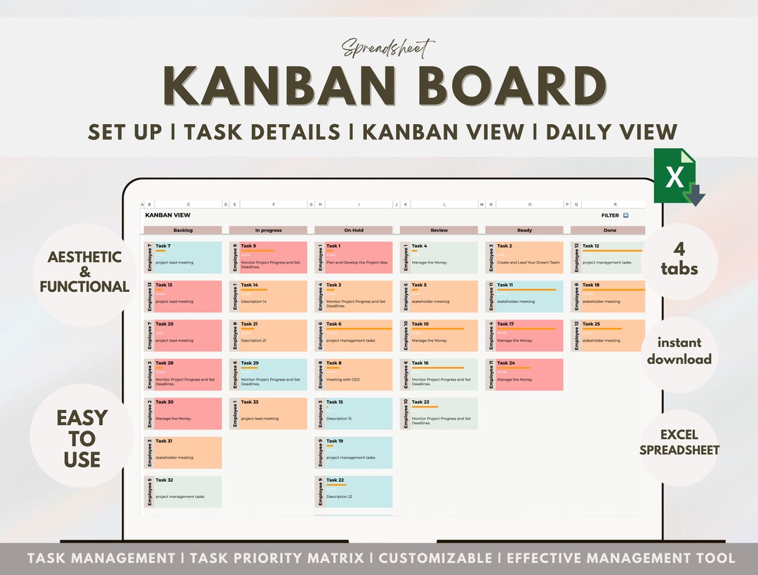 Kanban Board Excel Spreadsheet Task Priority Tracker Employee to Do List Google Sheet Project ...