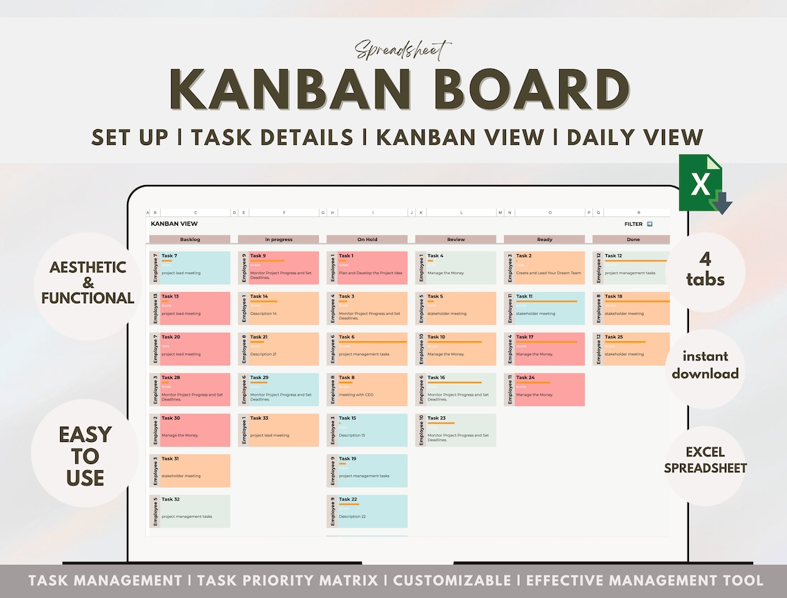 Kanban Board Excel Spreadsheet Task Priority Tracker Employee to Do List Google Sheet Project ...