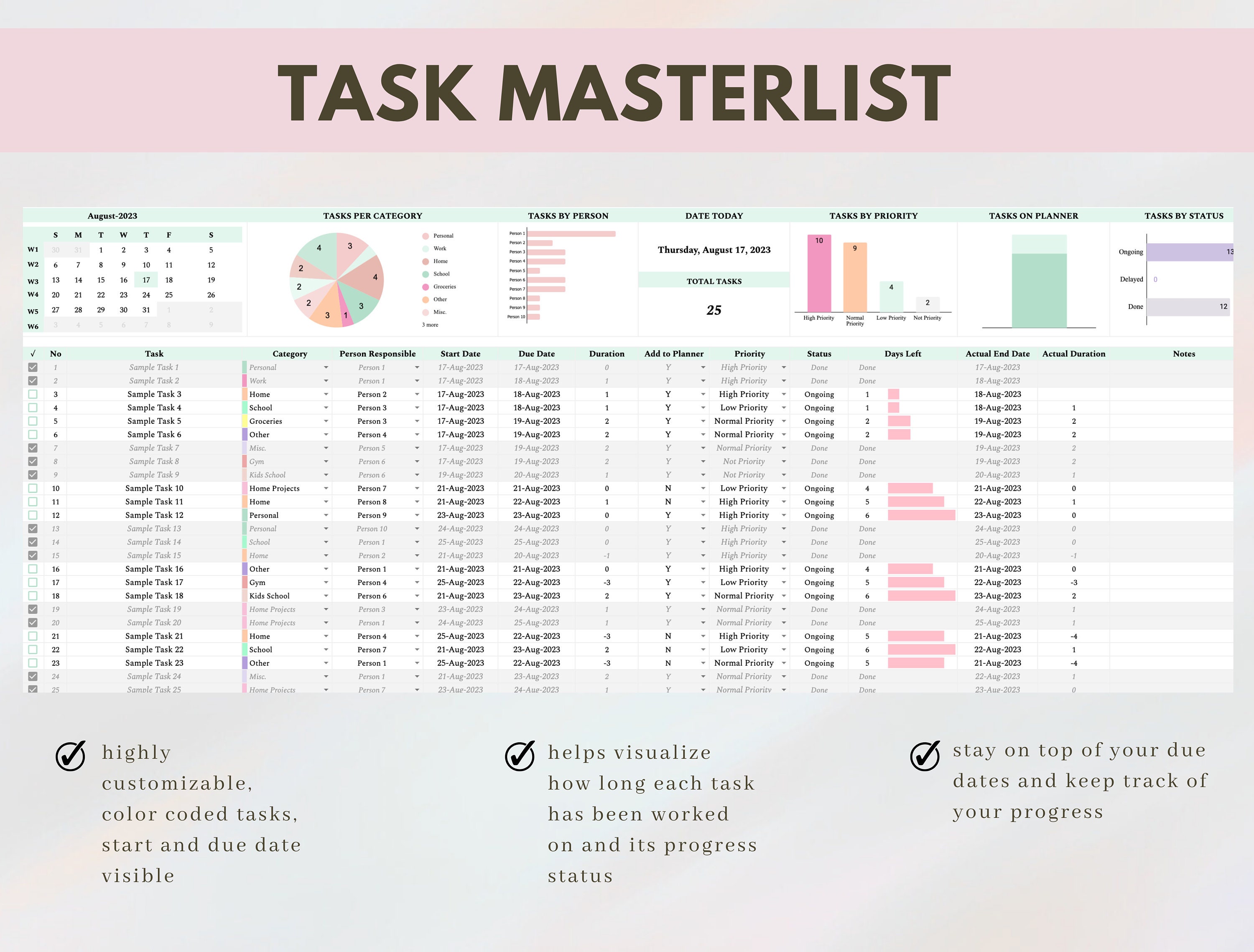 To Do List Excel Spreadsheet Task Tracker Google Sheet Task Planner ...