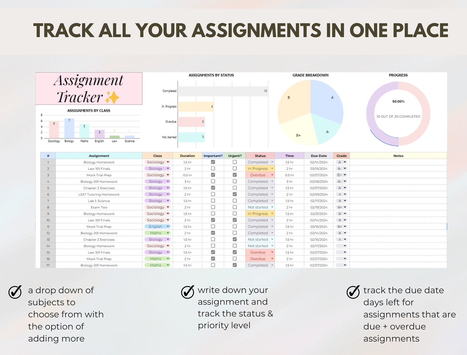 Assignment Tracker Student Homework Planner Google Sheets Excel 2024 Digital to Do List College ...