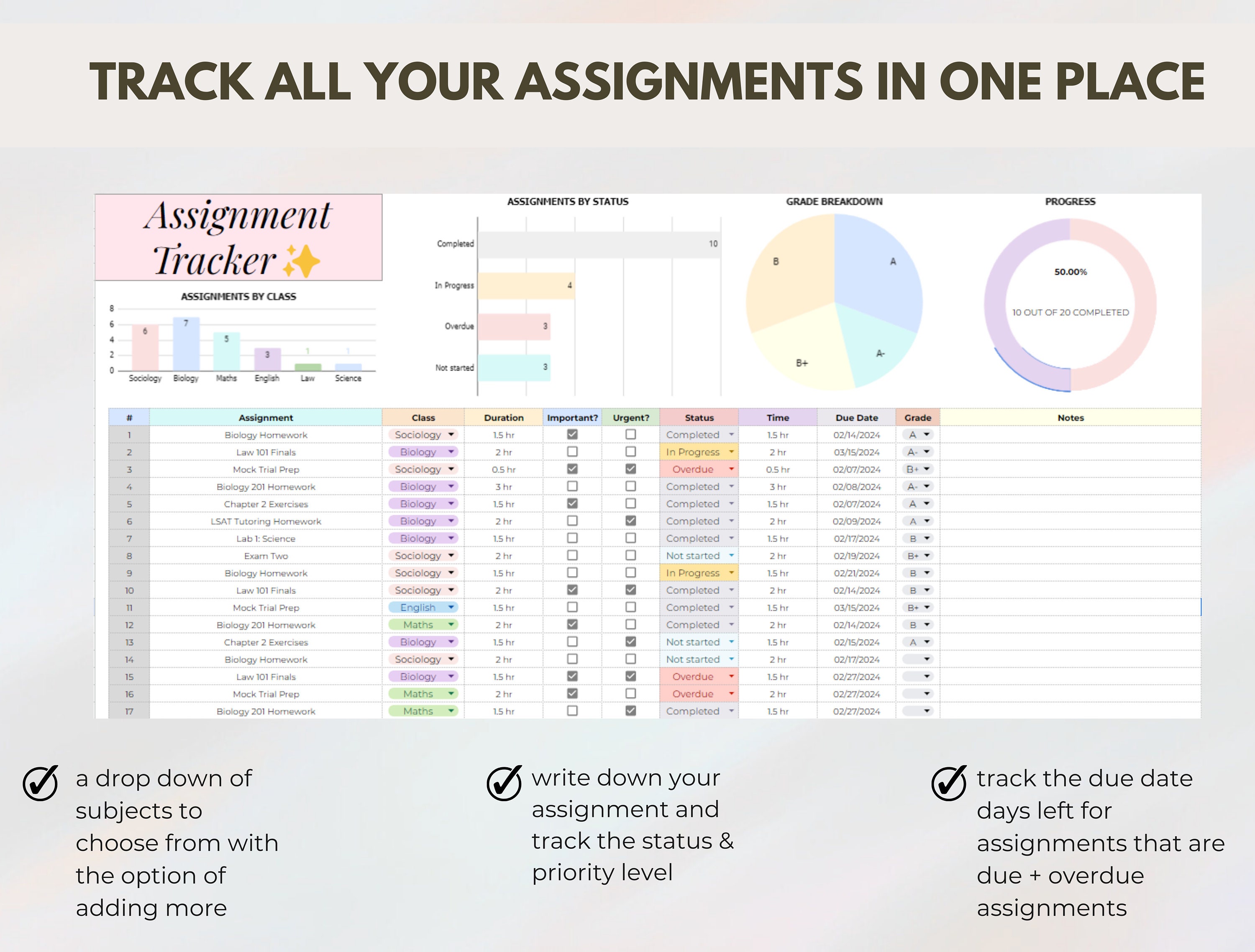 Assignment Tracker Weekly Academic Planner Google Excel Spreadsheet ...