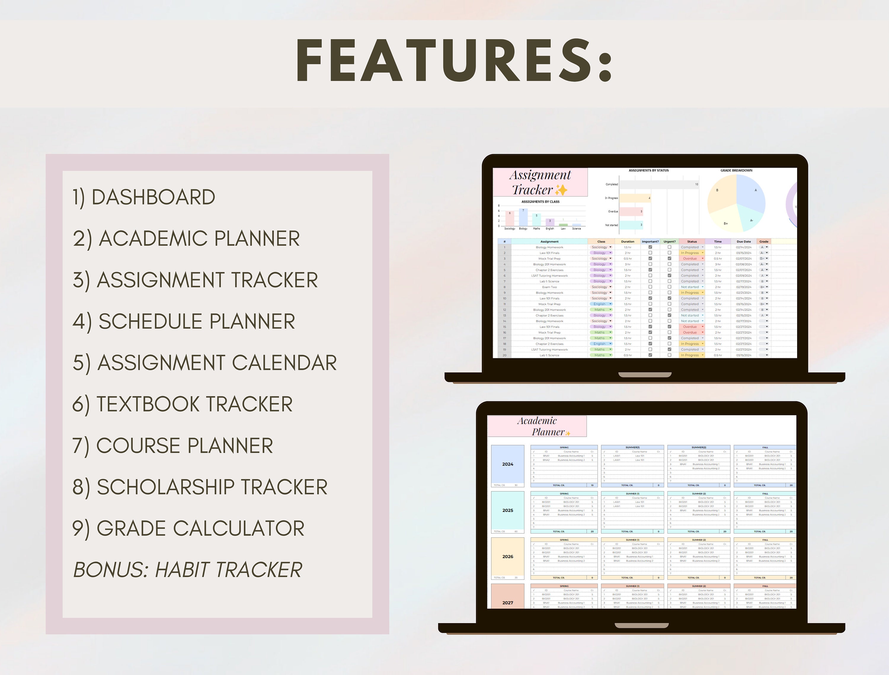 Assignment Tracker Student Homework Planner Google Sheets Excel 2024 ...