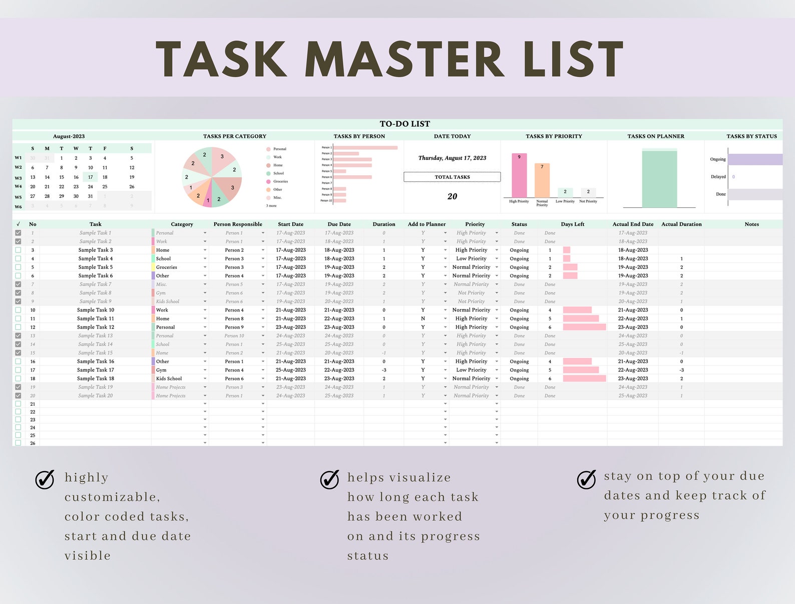 Excel to Do List Task Tracker Google Sheets Digital Daily Weekly ...