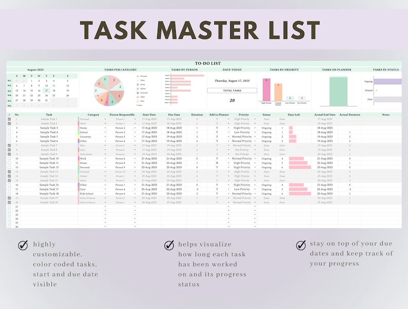 Excel to Do List Task Tracker Google Sheets Digital Daily Weekly ...