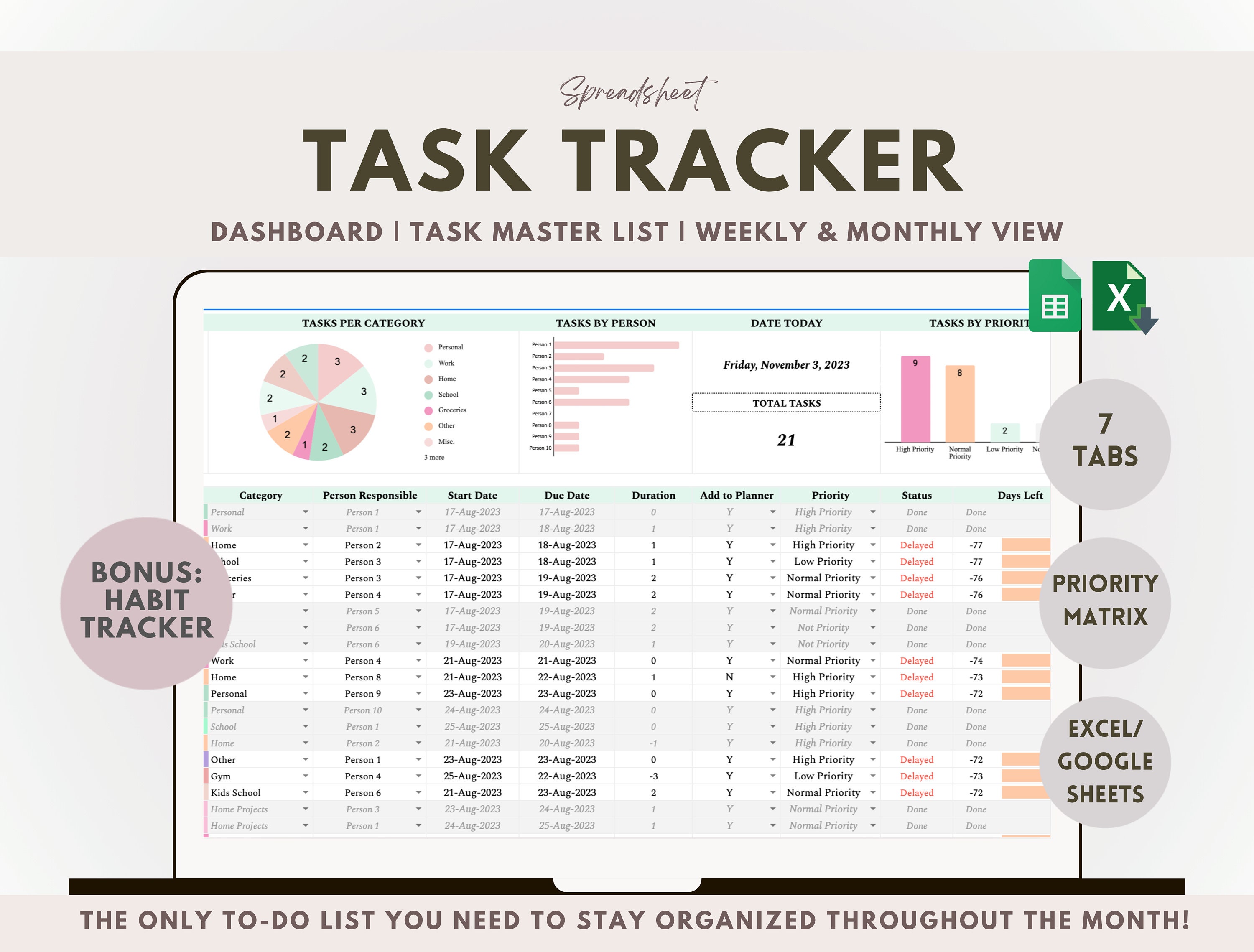 Task Tracker Excel Planner to Do List Spreadsheet Google Sheet Task ...