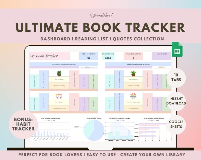 Book Tracker Spreadsheet Google Sheets & Excel | Reading List, TBR Log ...