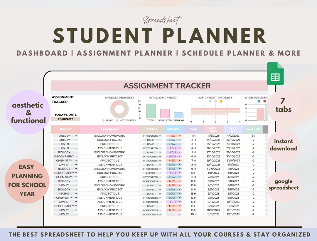 Assignment Tracker Student Homework Planner Google Sheets Excel 2024 ...