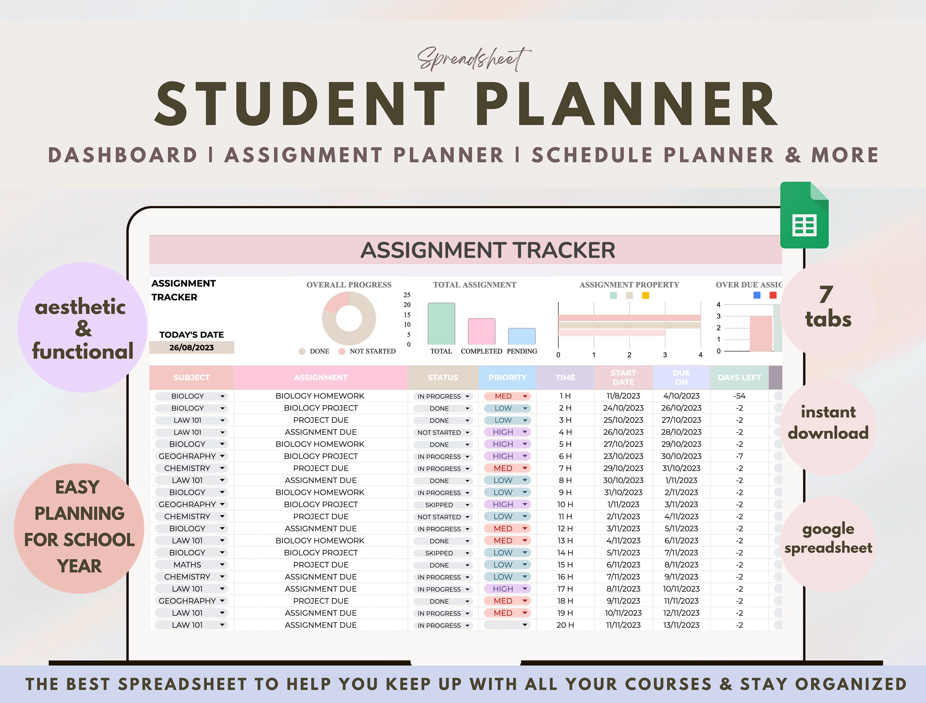 Assignment Tracker Student Homework Planner Google Sheets Excel 2024 ...