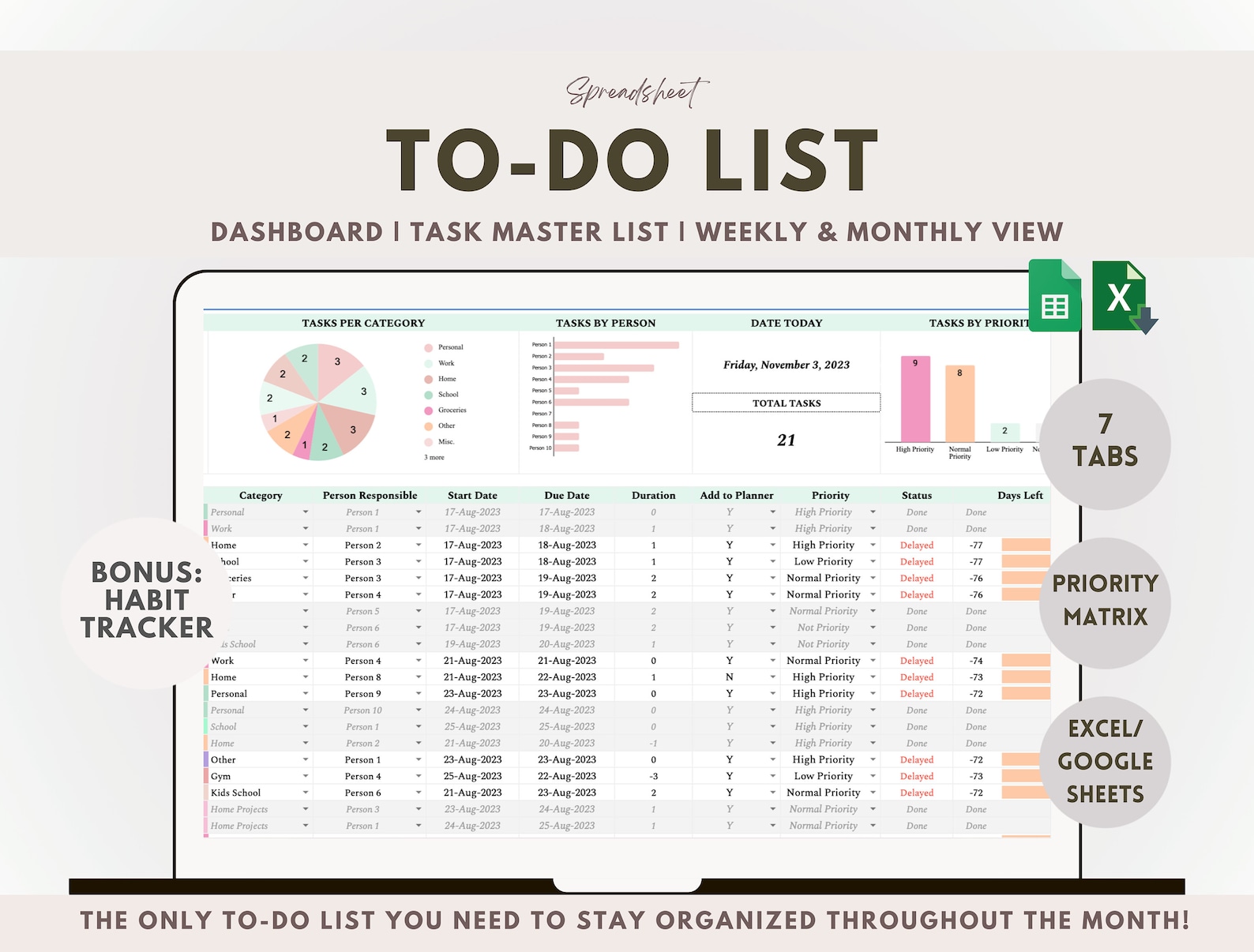 Excel to Do List Spreadsheet Task Tracker Google Sheet Task Manager ...