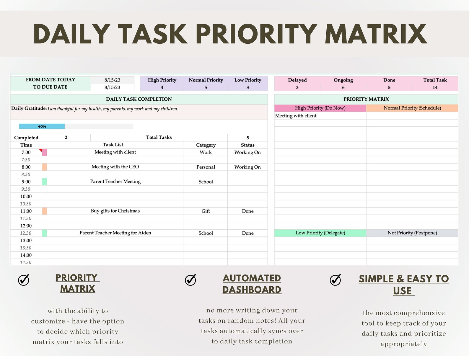 Excel to Do List Spreadsheet Task Tracker Google Sheet Task Manager ...