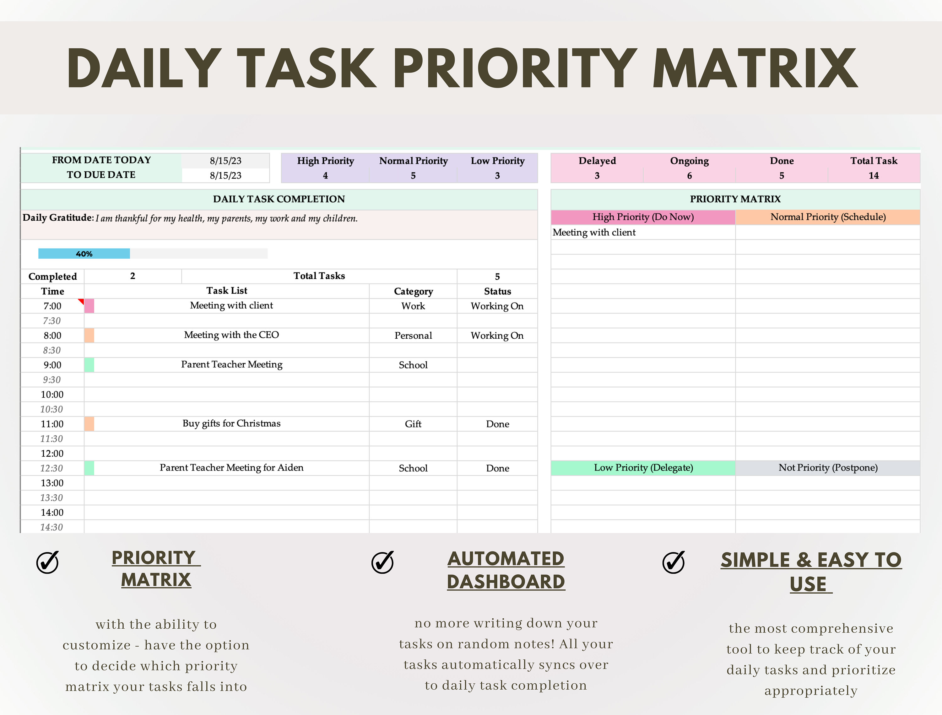 Excel to Do List Spreadsheet Task Tracker Google Sheet Task Manager ...