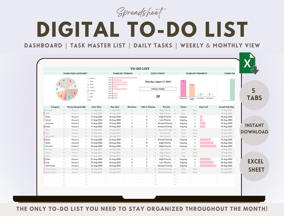 Digital to Do List Excel Spreadsheet Task Tracker Google Sheet Task ...