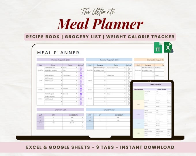 Weekly Meal Planner Google Sheets, Recipe Journal, Printable Meal ...