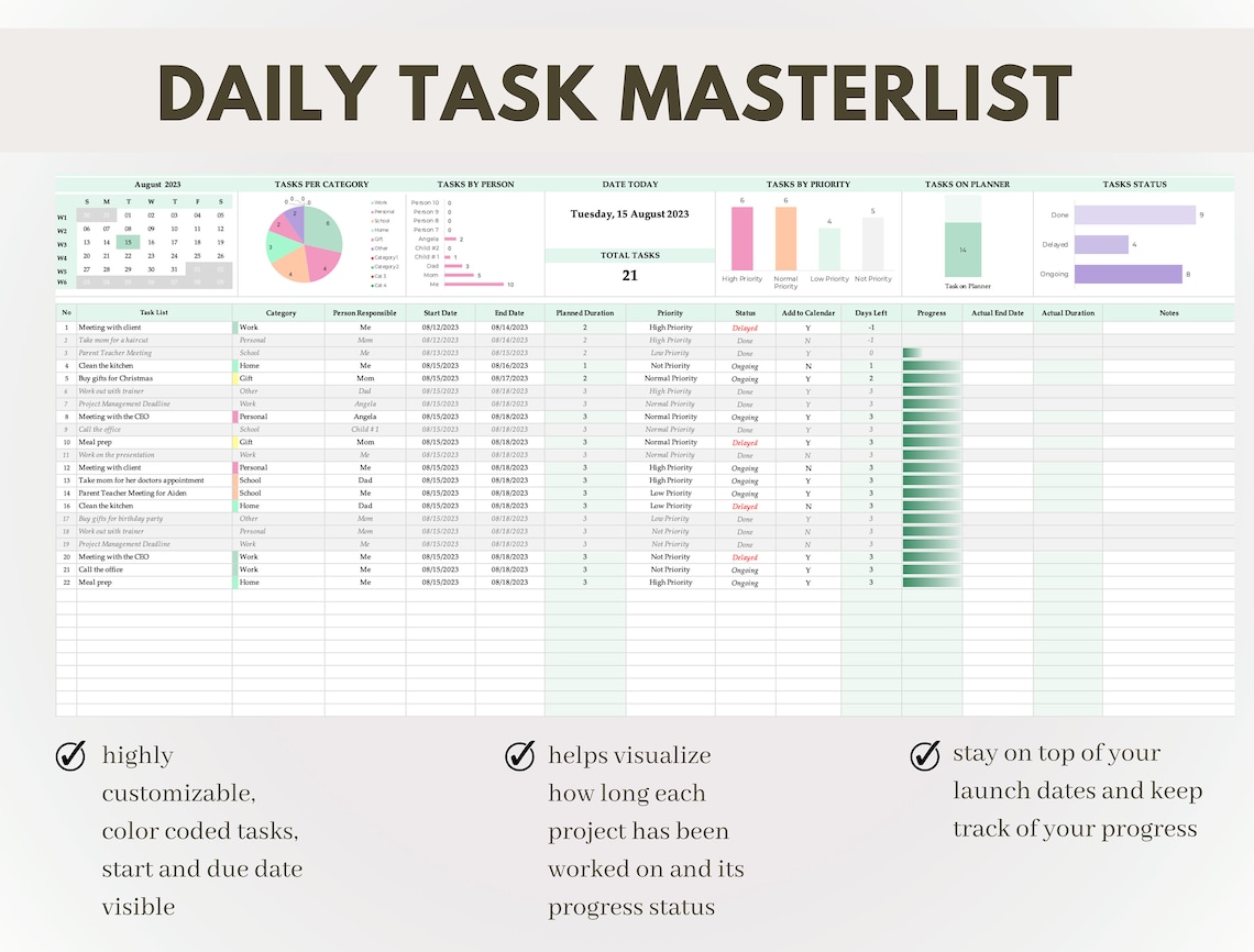 Task Tracker Excel Planner to Do List Spreadsheet Google Sheet - Etsy
