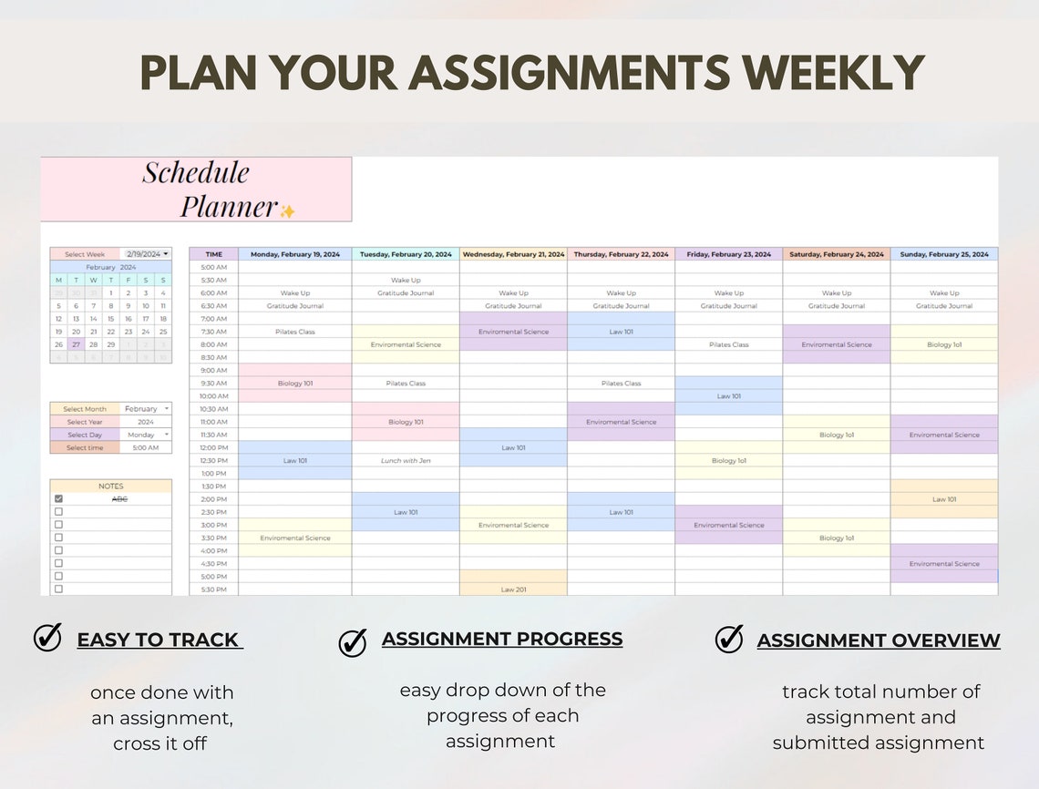 Assignment Tracker Weekly Academic Planner Google Excel Spreadsheet ...