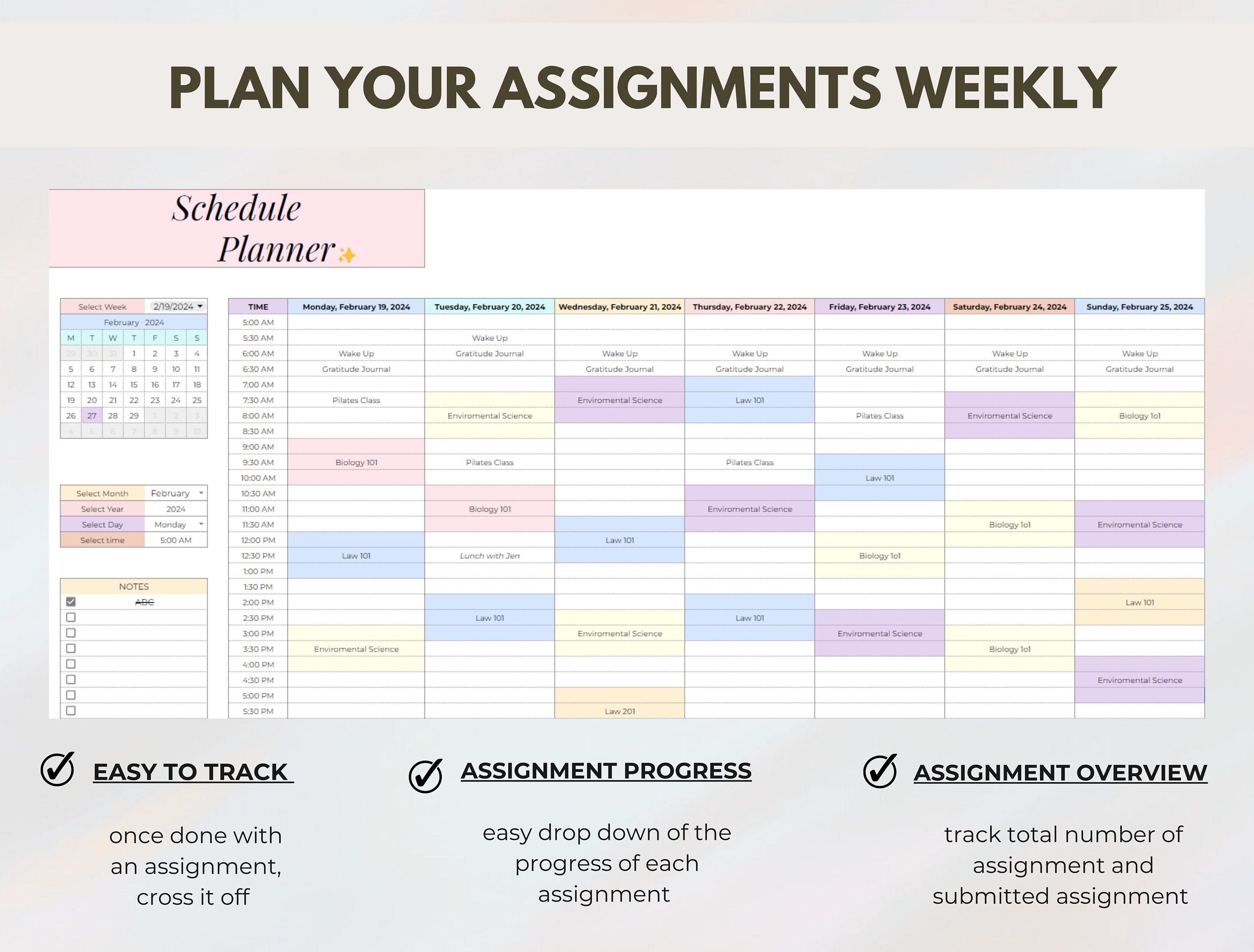 Assignment Tracker Weekly Academic Planner Google Excel Spreadsheet ...