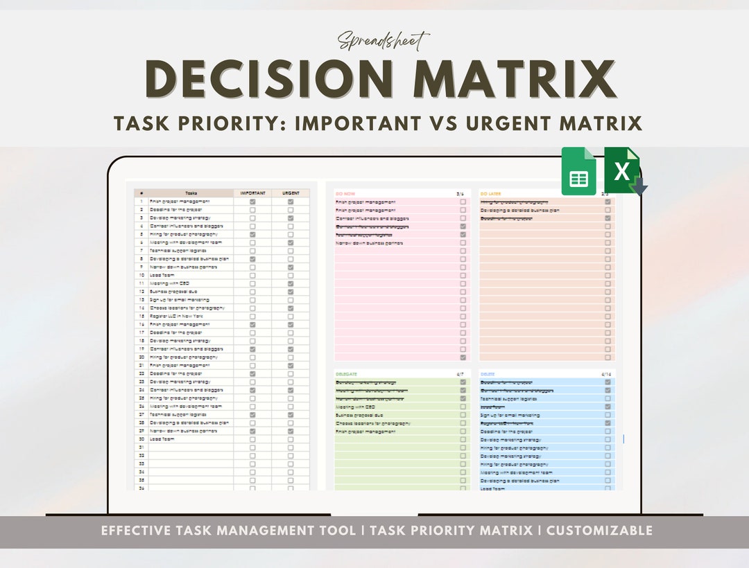 Decision Matrix Google Sheets Excel Template Daily Task Priority Tracker Checklist to Do List ...