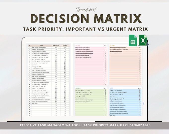 Decision Matrix Google Sheets Excel Template Daily Task Priority Tracker Checklist to Do List ...