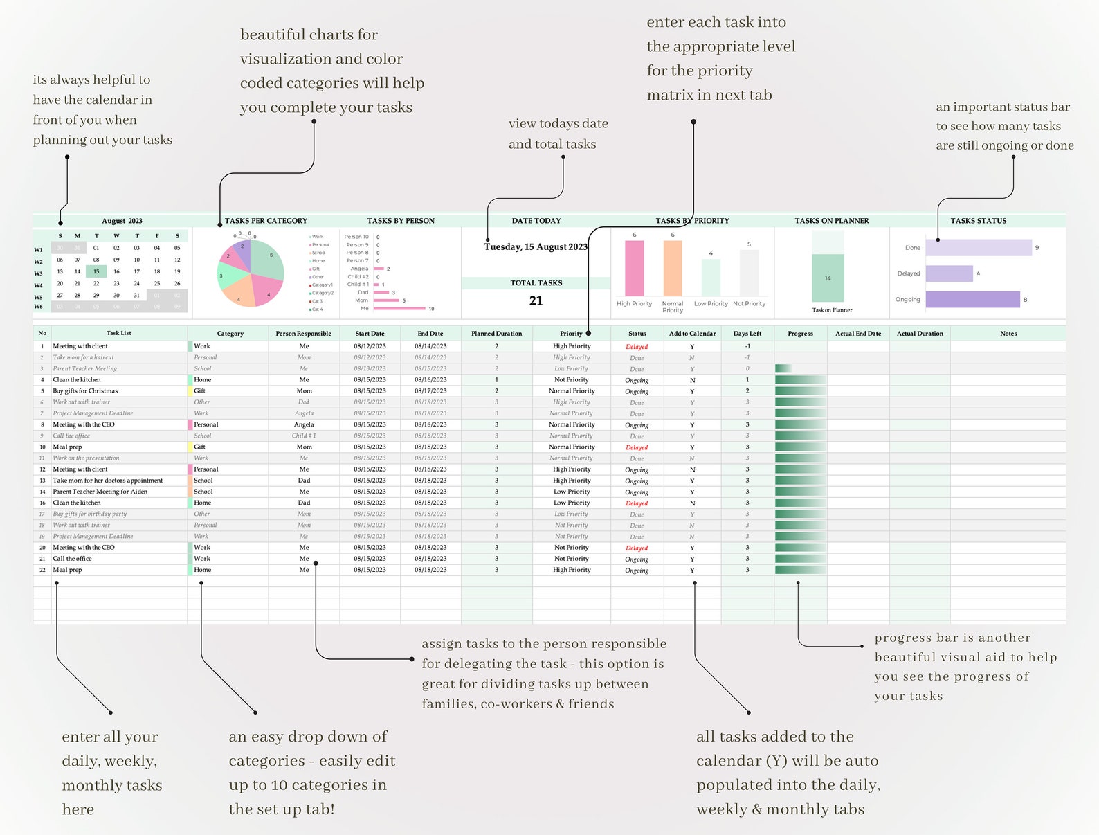 Digital to Do List Excel Spreadsheet Task Tracker Google Sheet - Etsy