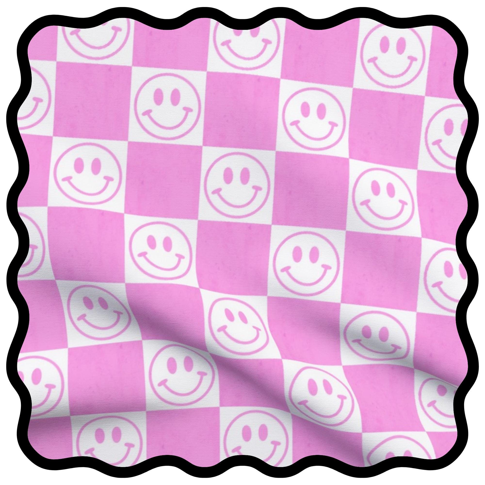 Happy Face Smiley Face Pink Checkerboard Seamless Pattern Fabric ...