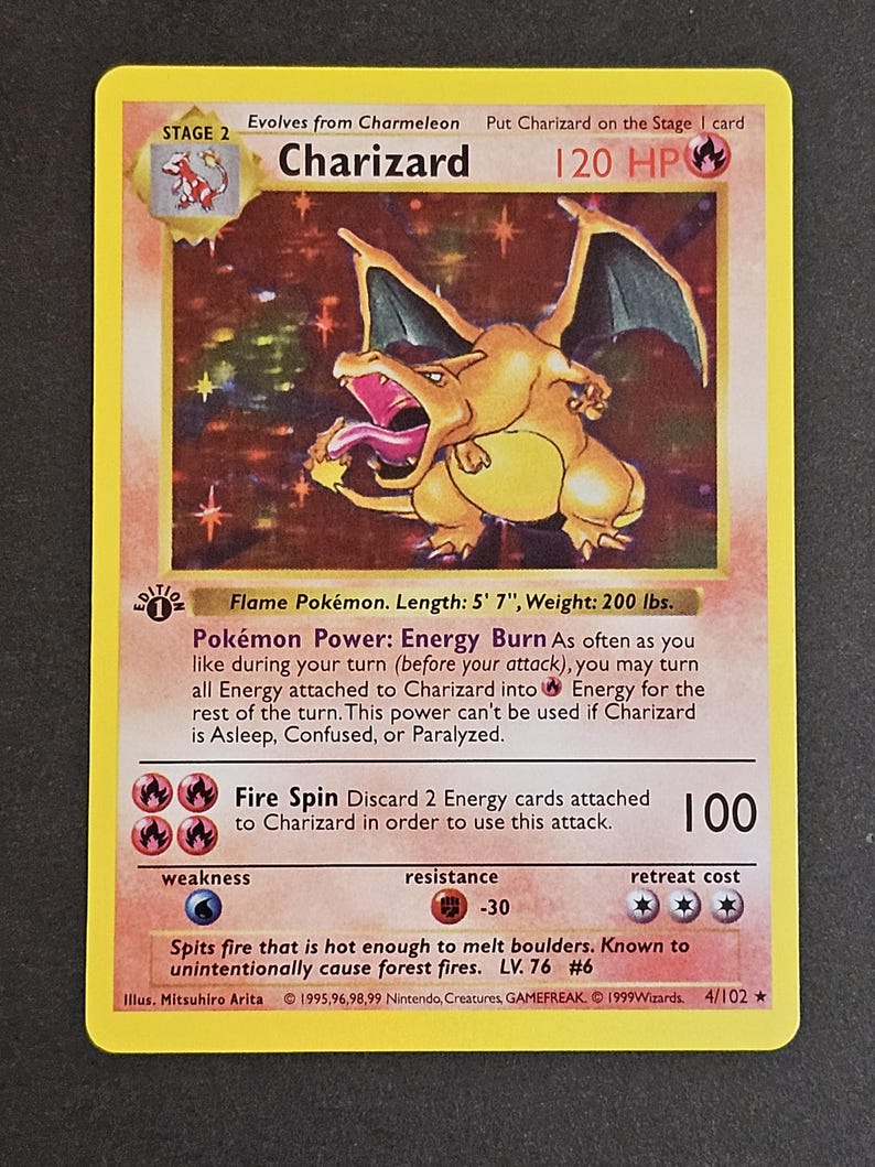 1st Charizard Custom Handmade Card Holographic Pokemon With Hard Case ...