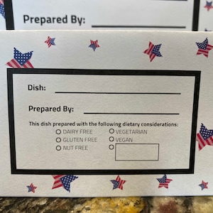 4th of July America Patriotic Independence Day Dietary Cards (potluck ...