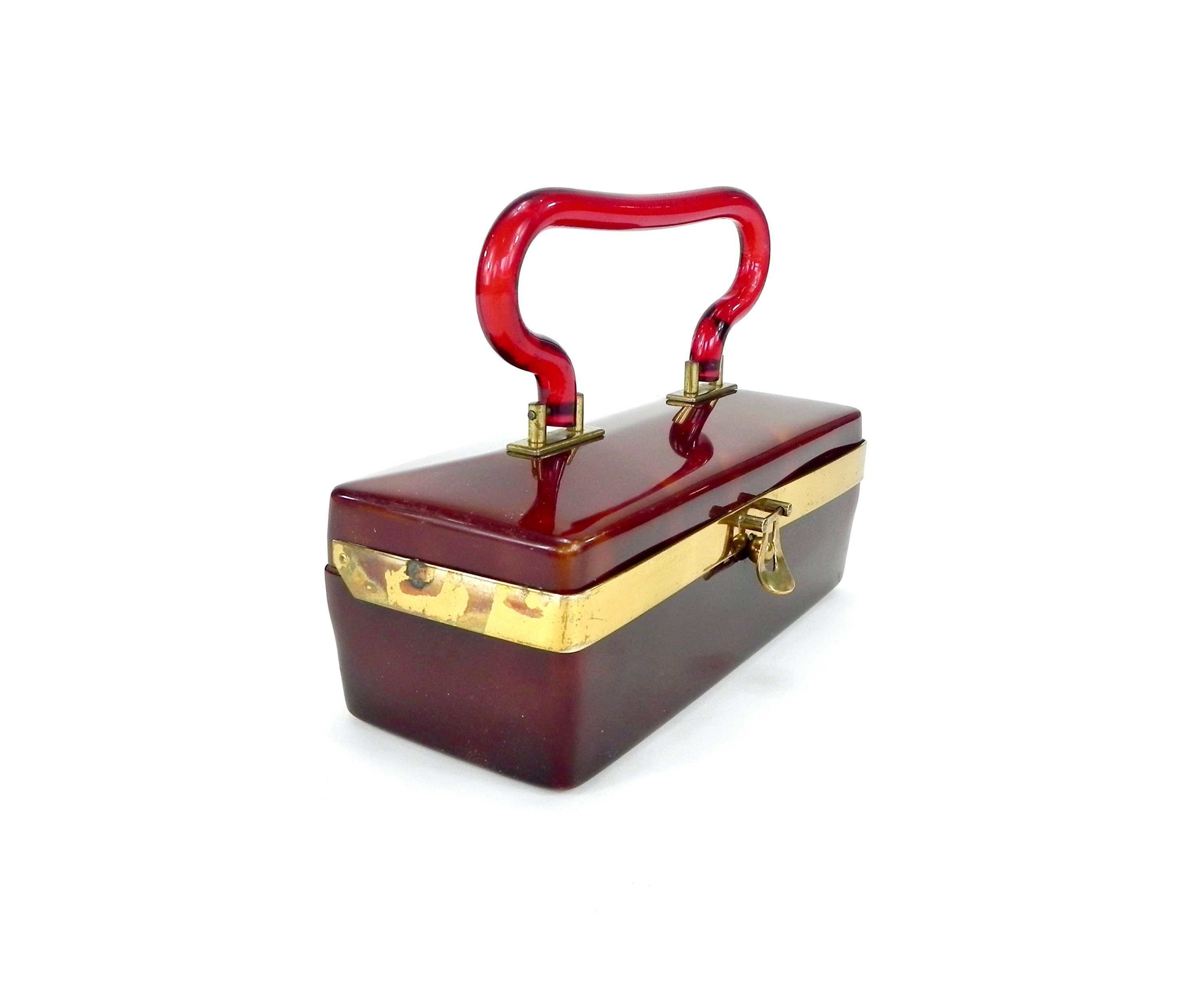 50s Bakelite & Lucite Box Purse | Top Handle Burgundy Handbag With ...