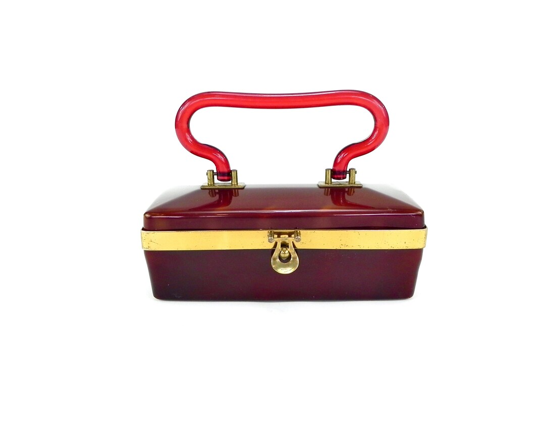 50s Bakelite & Lucite Box Purse | Top Handle Burgundy Handbag With ...