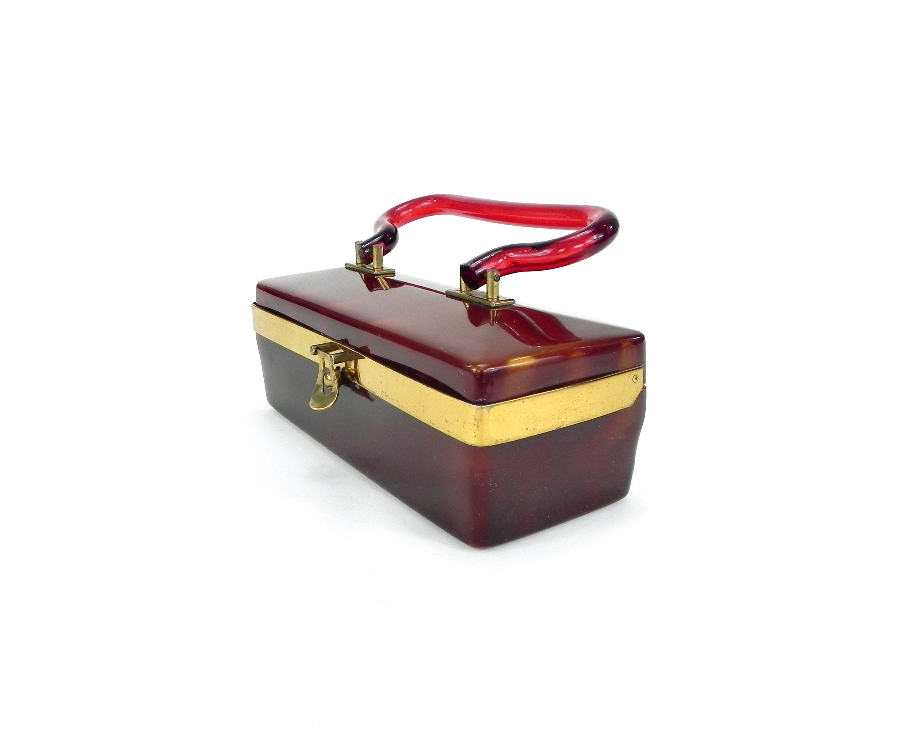 50s Bakelite & Lucite Box Purse | Top Handle Burgundy Handbag With ...