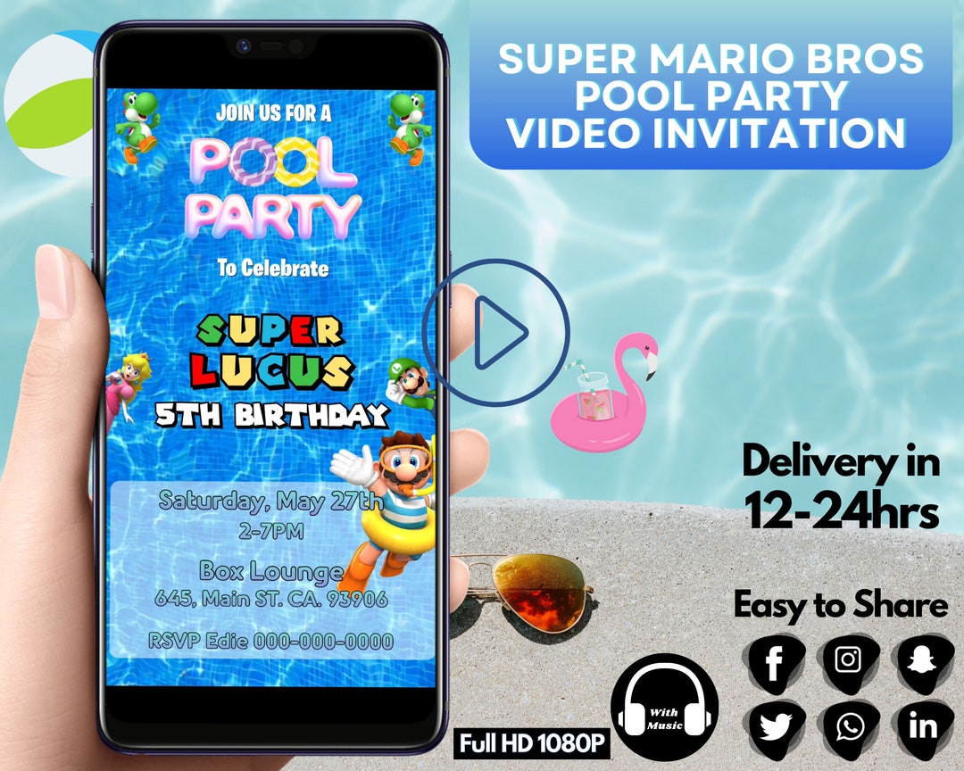 Super Mario Bros Pool Party Video Invitation, Mario Pool Party Video ...