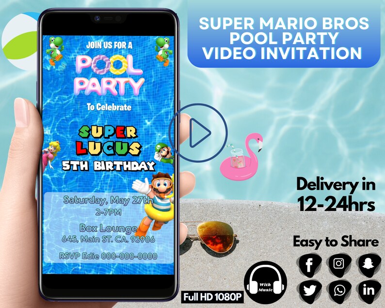 Super Mario Bros Pool Party Video Invitation, Mario Pool Party Video ...