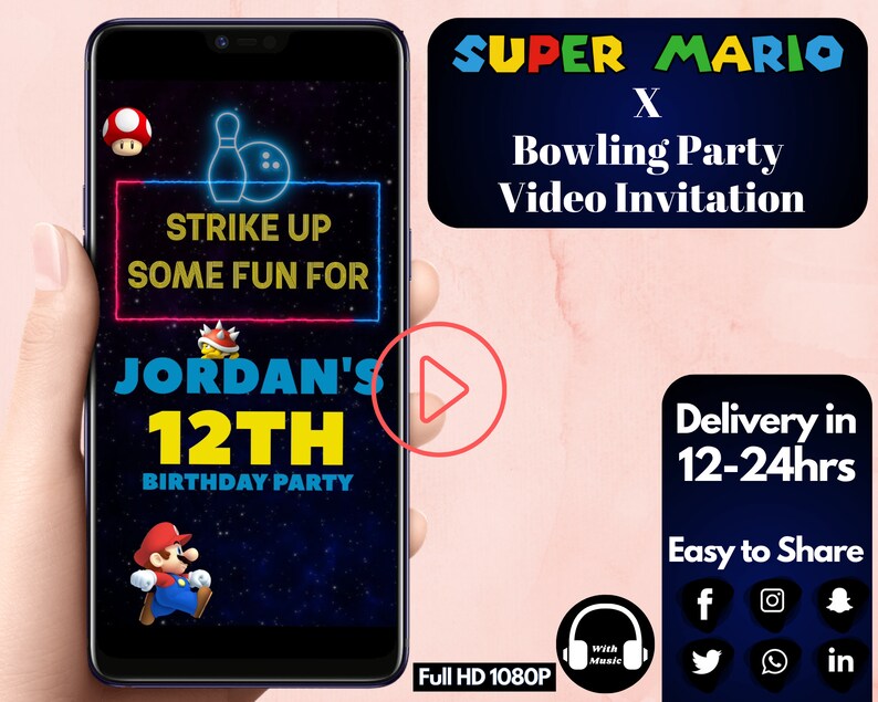 Super Mario X Bowling Birthday Video Invitation, Mario Bowling Theme ...