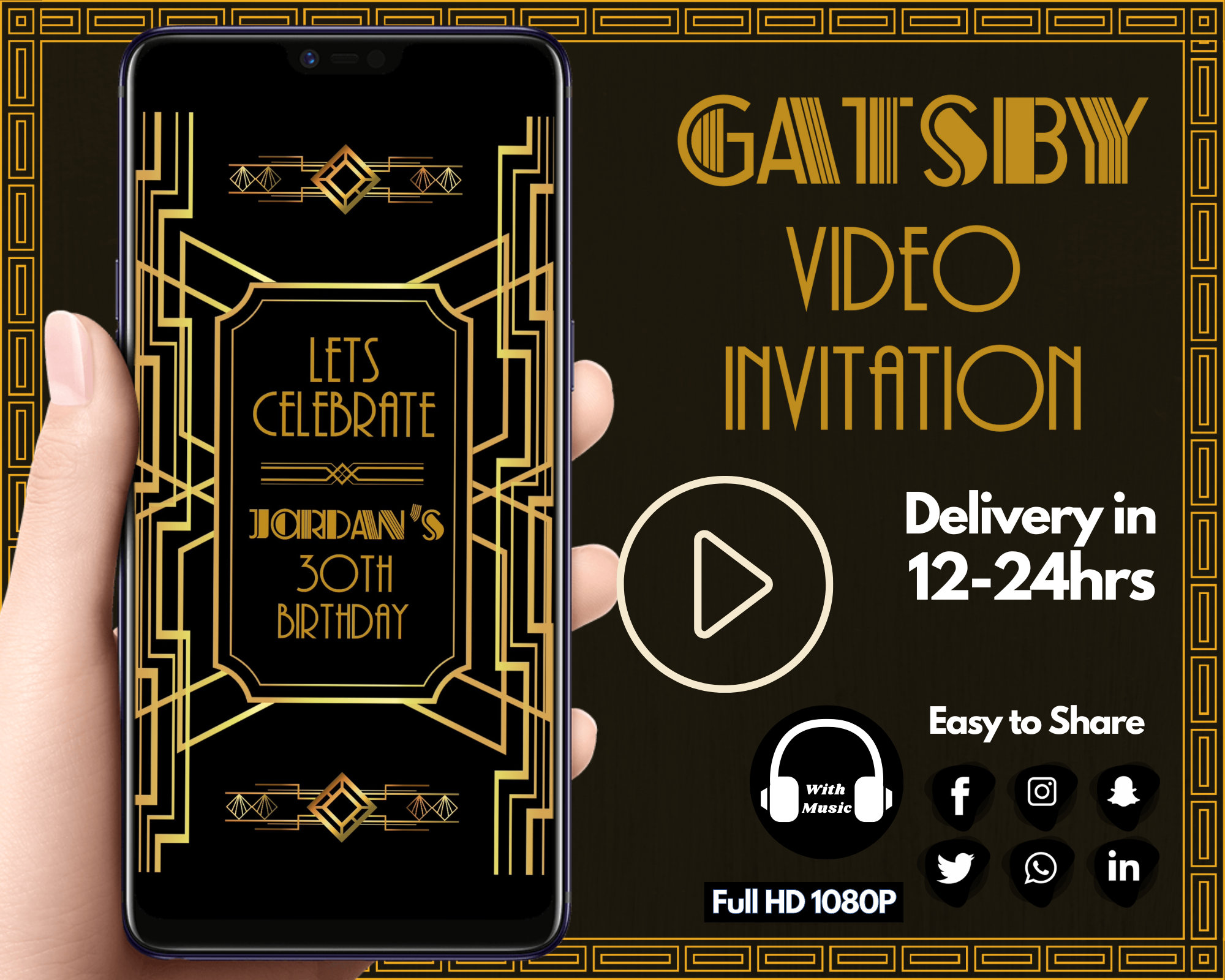Great Gatsby Party Video Invitation, Gatsby Video Invitation, Golden ...