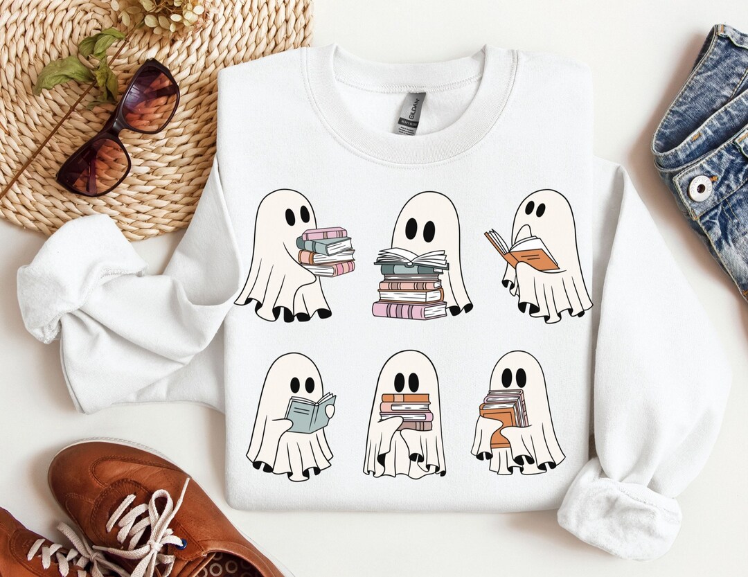 Halloween Sweatshirt Retro Ghosts Reading Books Teacher Librarian ...