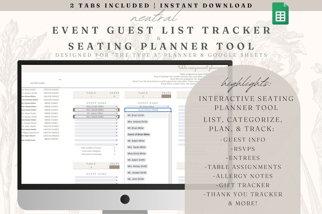 Google Sheets Guest List Tracker & Seating Planner | Event, Wedding ...
