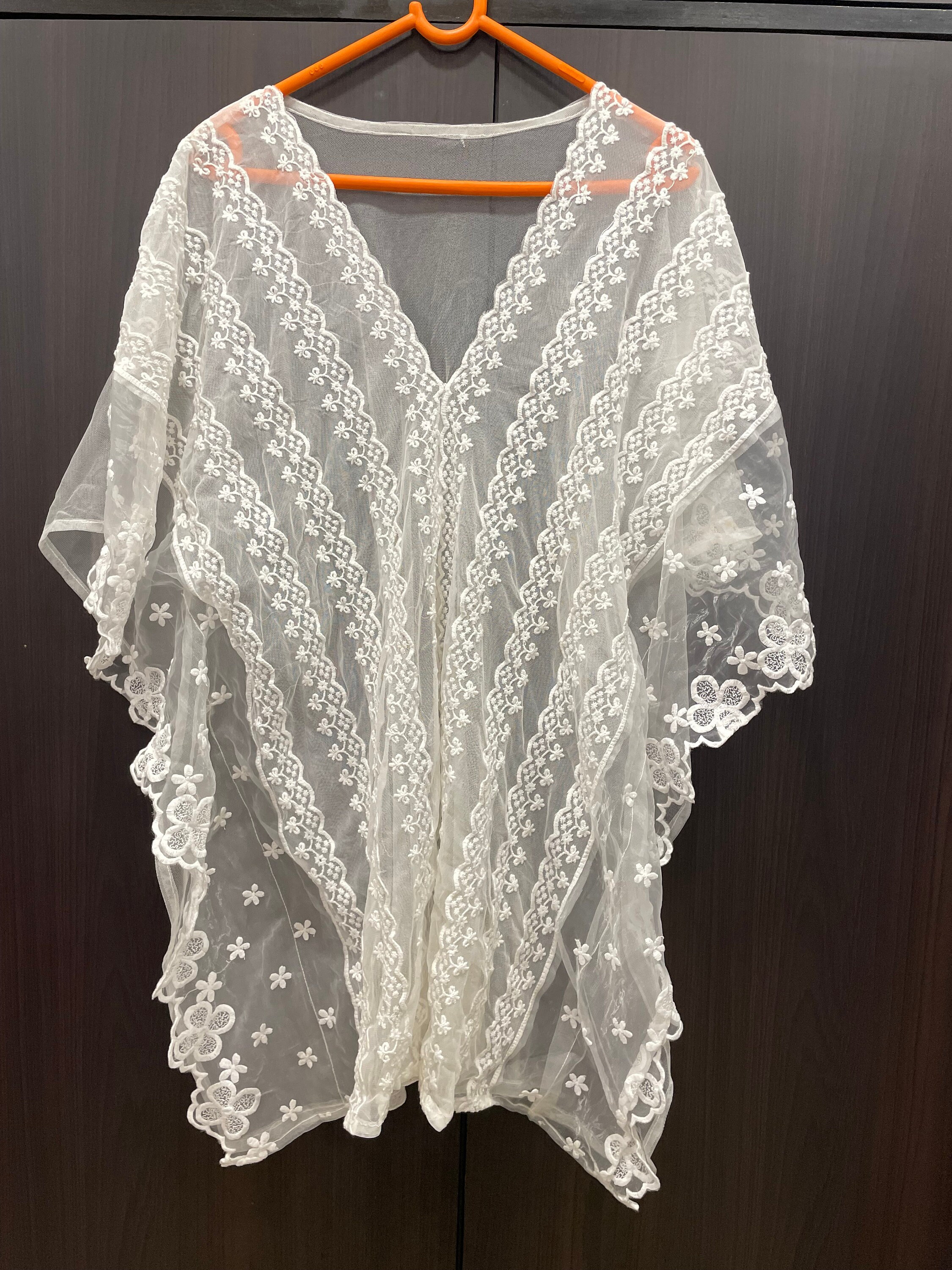 Chikankari Lucknow White Net Embroidered Kaaftaan Style Beachwear Tunic ...