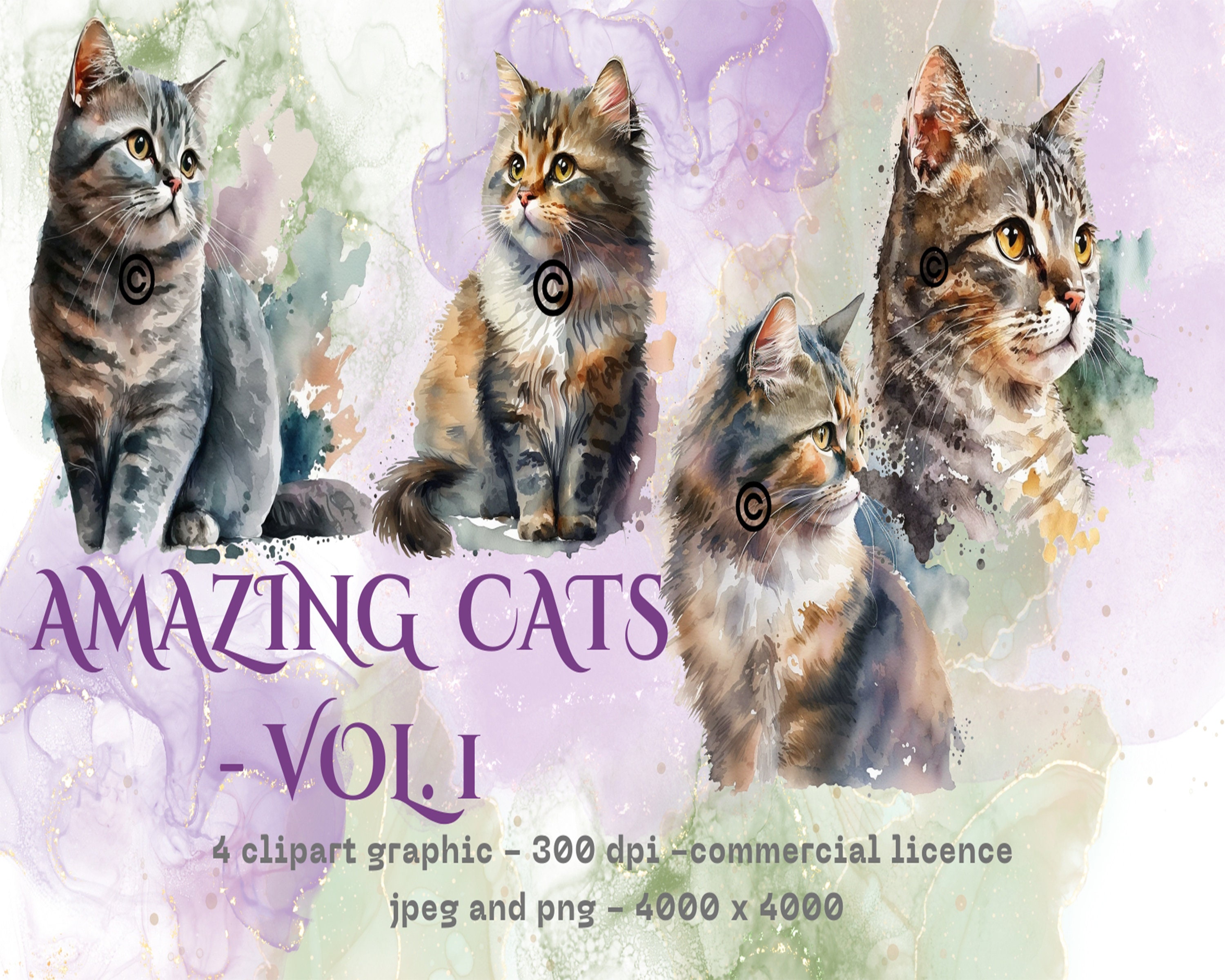 4 Watercolor Cats Clipart Vol. 1 Cats Download Instant Download Red ...