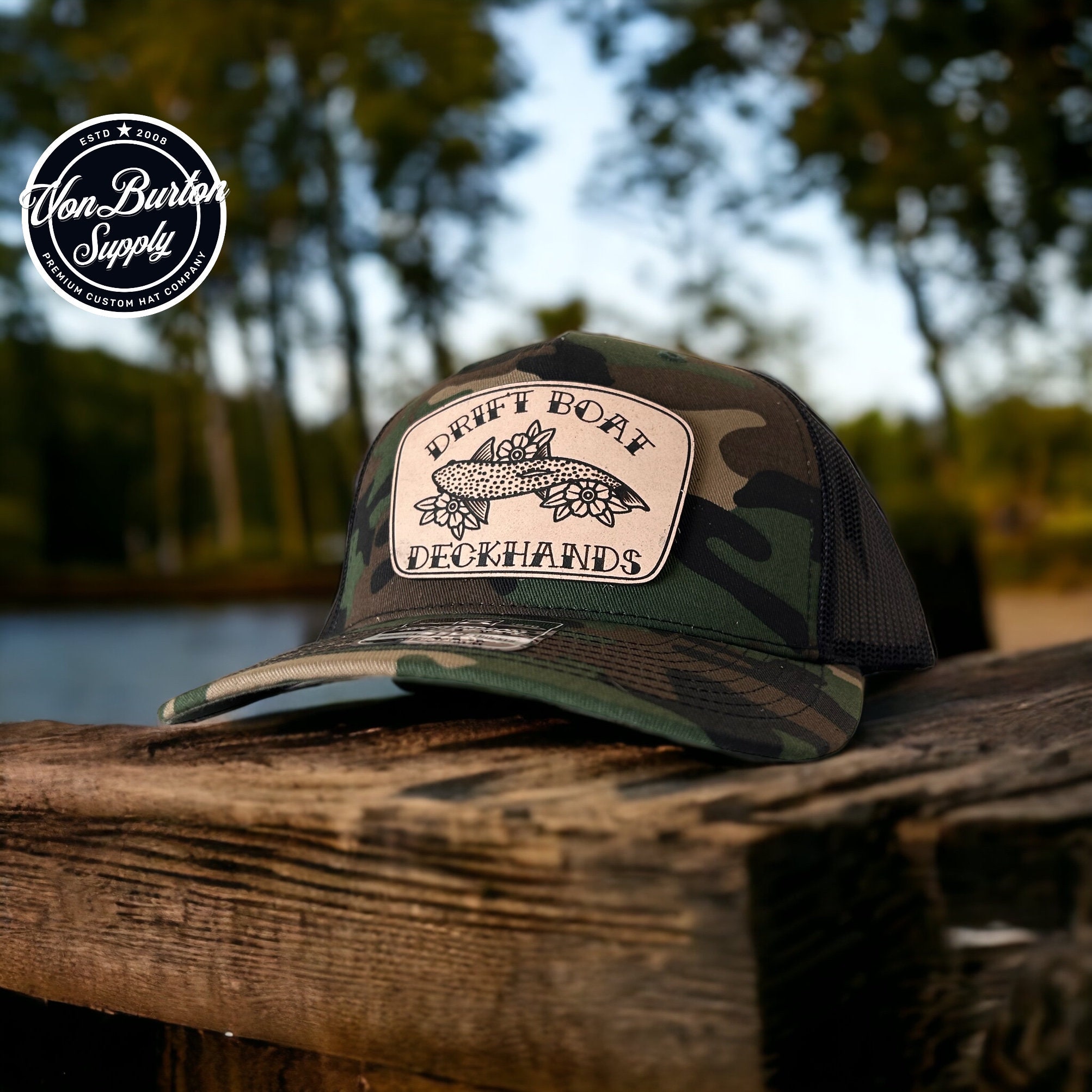 Custom Richardson 112 PFP Duck Camo Leather Patch Trucker Hat, Green Camo and Black Duck Camo ...