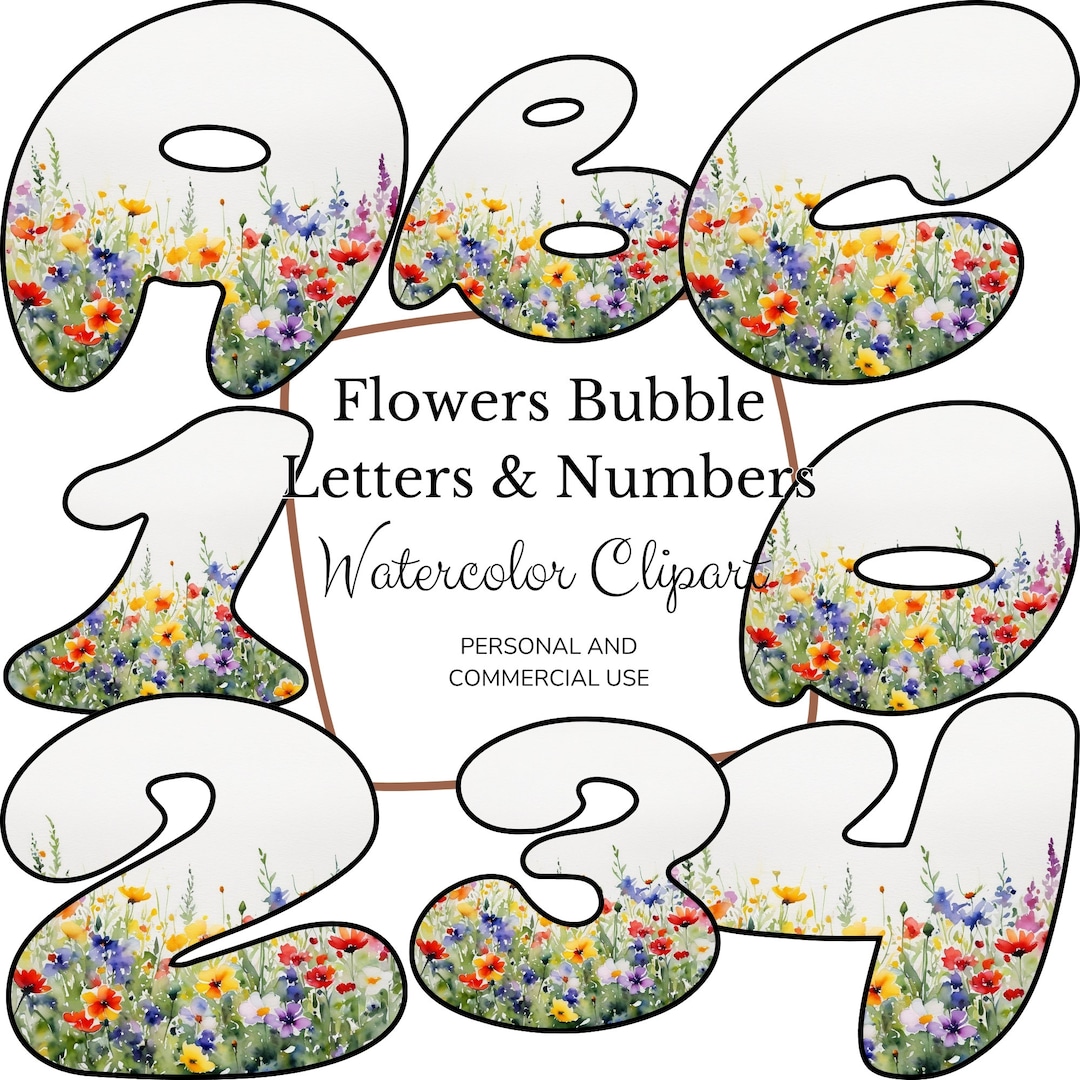 Summer Flowers Bubble Letters and Numbers Clipart | Capital Case Letter ...