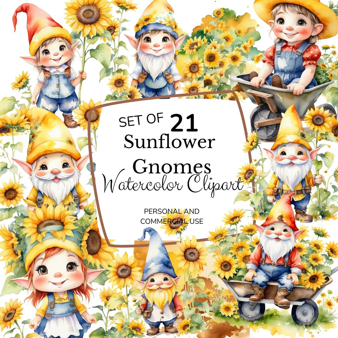Sunflower Gnomes Clipart | Gnome Sunflower | Garden Clipart | Gnomes ...