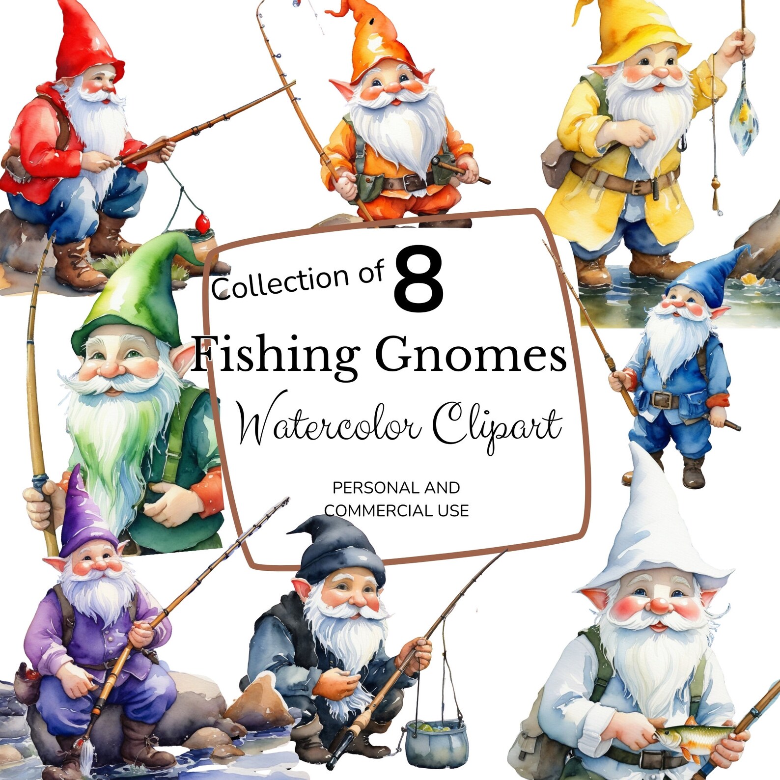 Watercolor Fishing Gnome Clipart | Rainbow Gnome Set | Sublimation ...