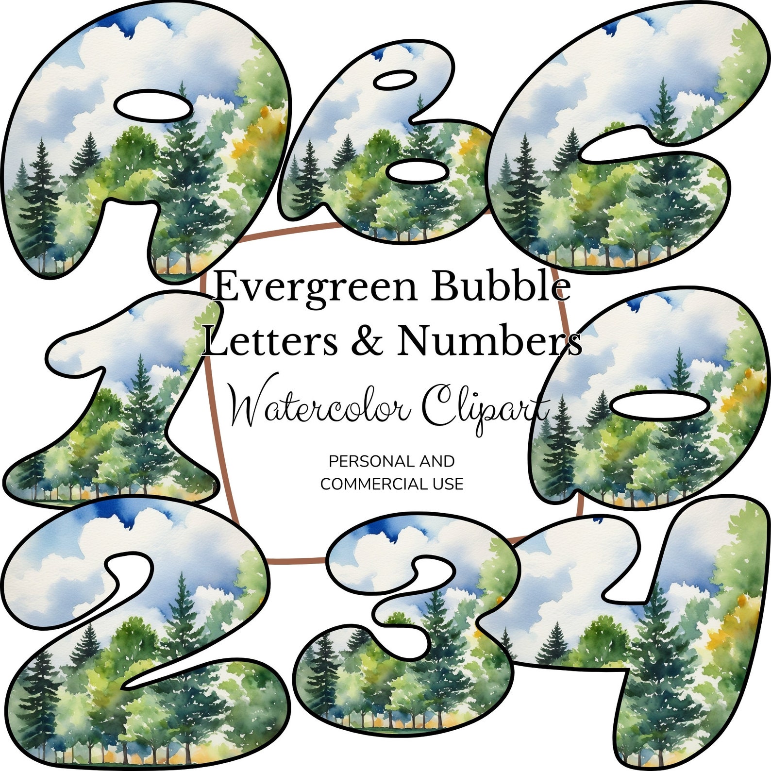 Evergreen Trees Bubble Letters and Numbers Clipart | Capital Case ...