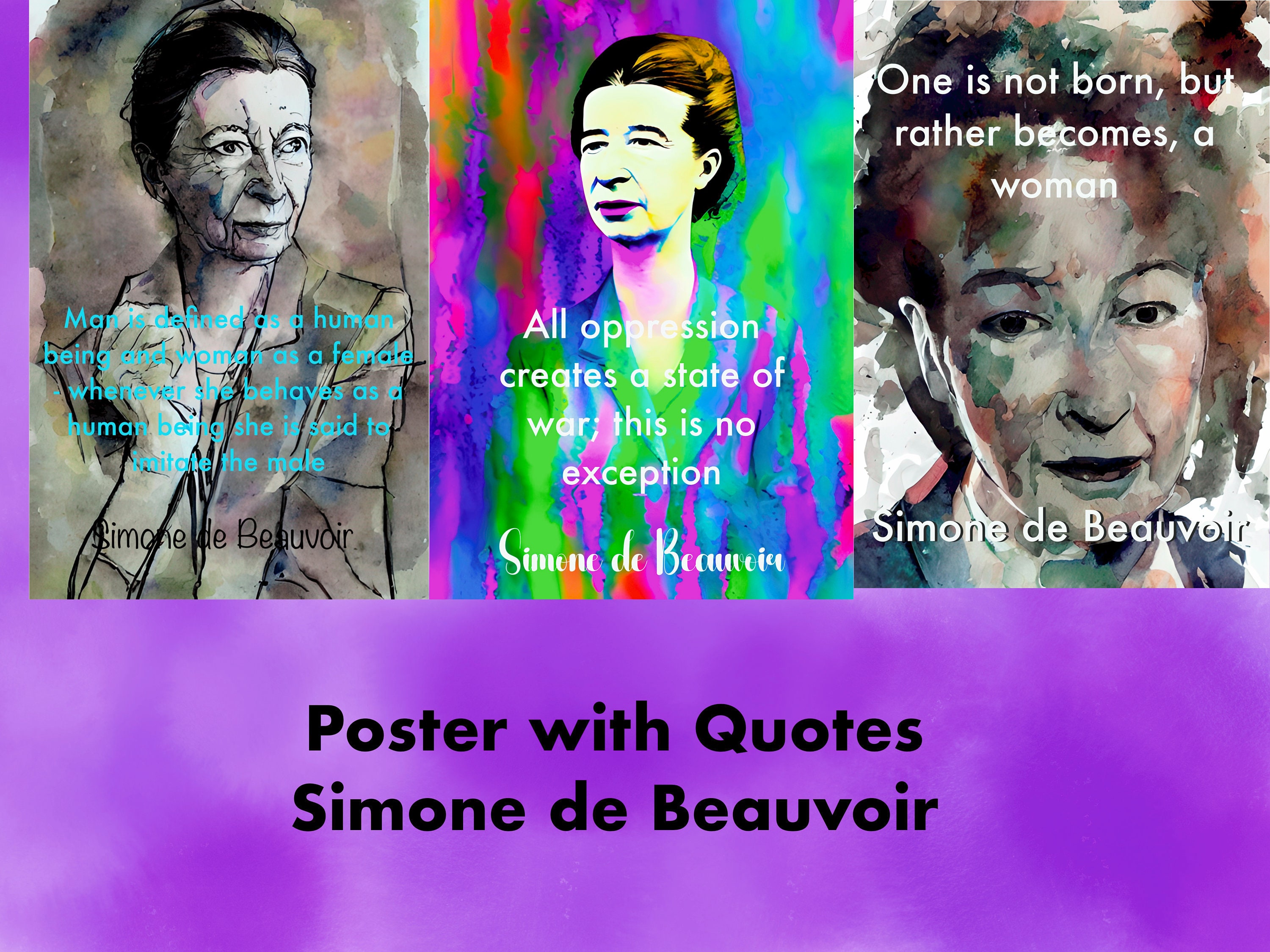 Simone De Beauvoir Quotes Poster, DIGITAL PRINTS, Set of 3, Water Color ...