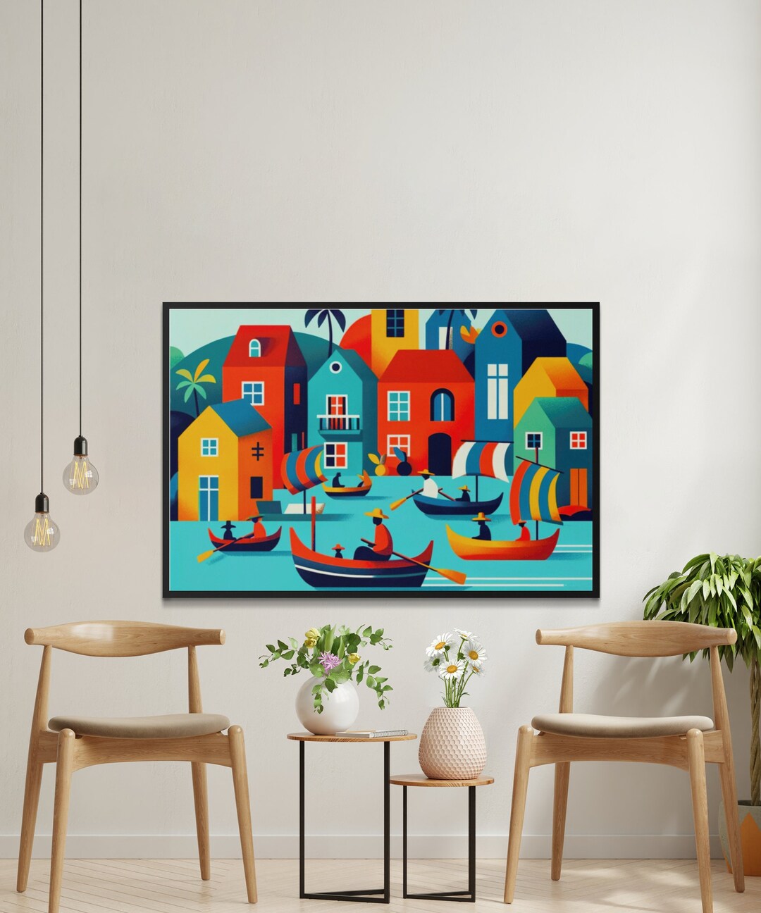 Colorful Caribbean Digital Art, Vibrant Seaside Village Scene, Tropical ...