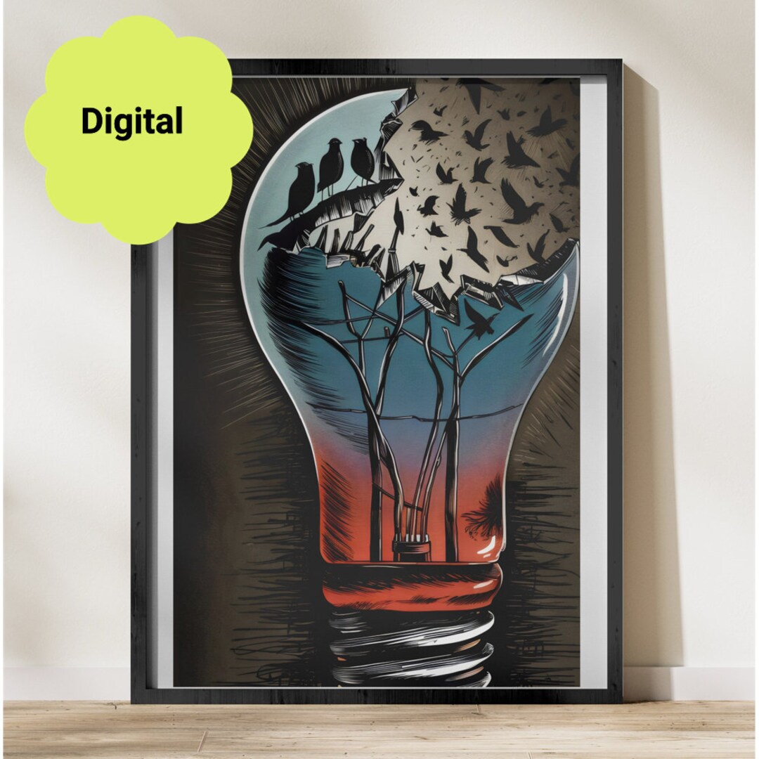 Free Birds Light Bulb Tree Silhouette Wall Art, Nature Birds Digital ...